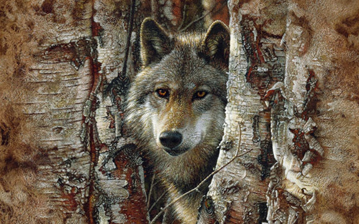 Close-Up of a Gray Wolf Among Trees